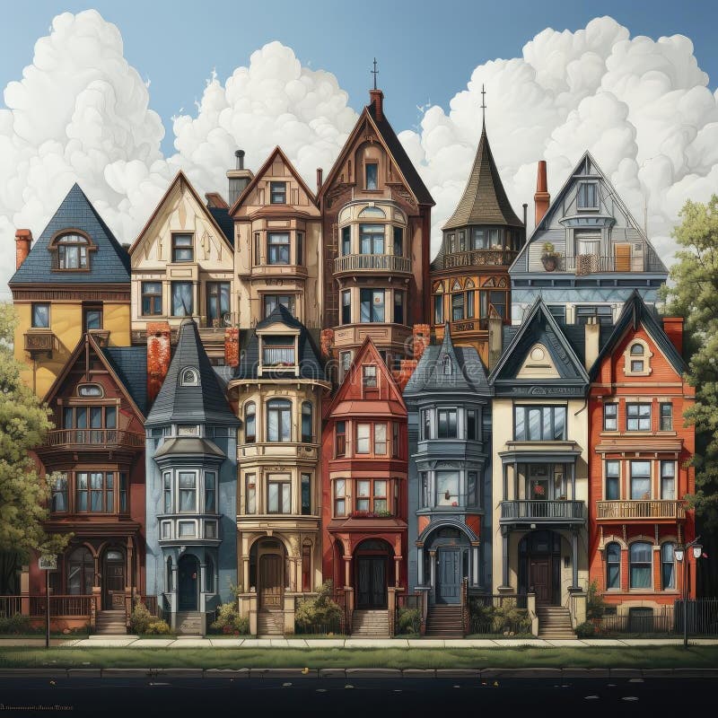 Victorian Houses in Whimsical, Realistic Cityscapes Stock Illustration ...