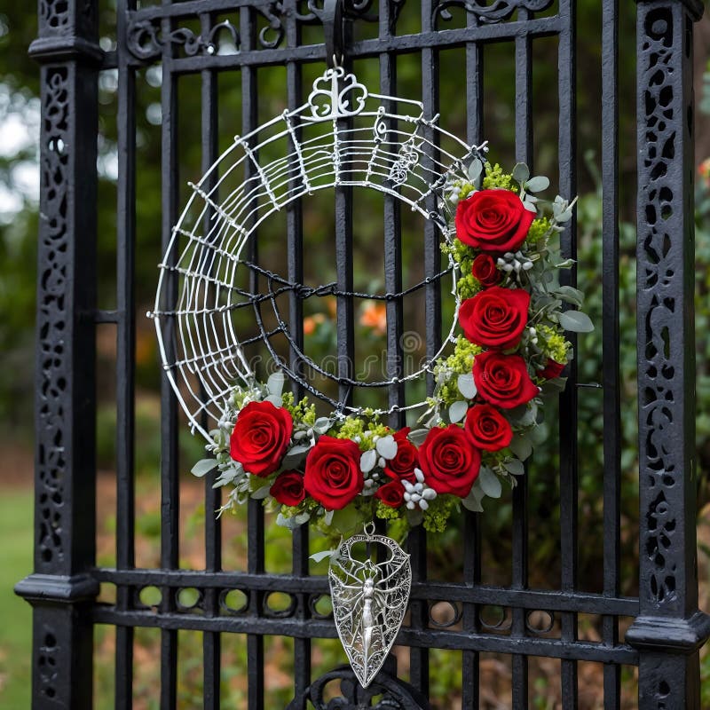 Elegant Victorian Spiderweb Wreath with Black Lace, Red Roses, and ...