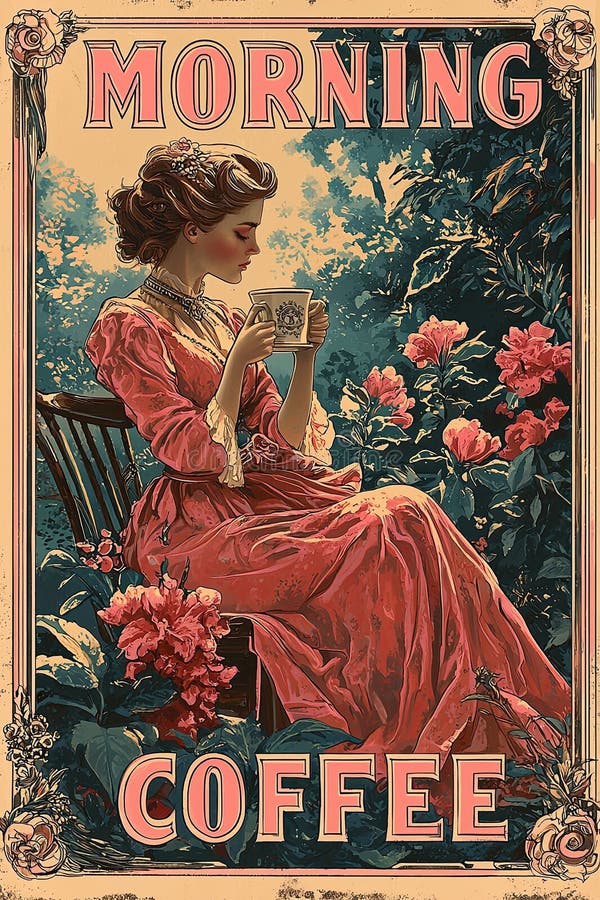 Victorian Lady Sipping Coffee in a Rose Garden. Stock Illustration ...