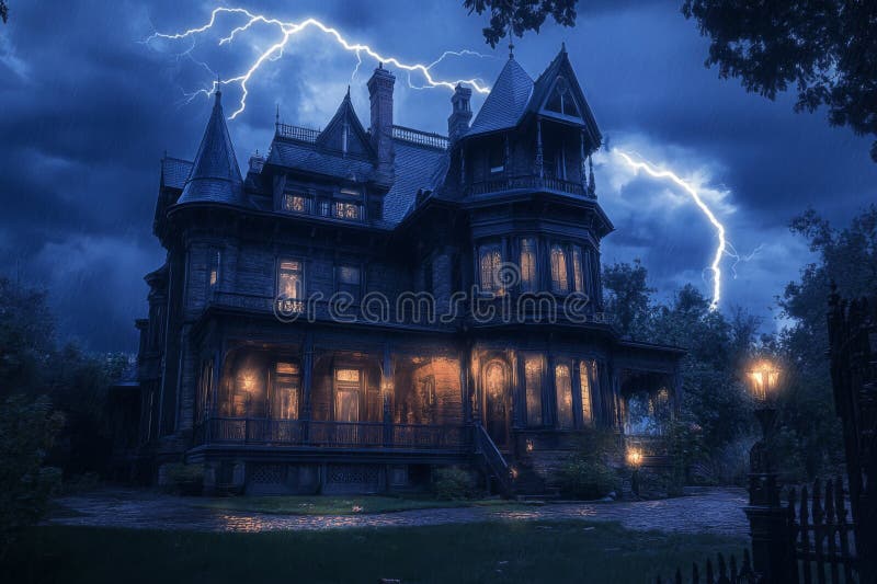 A Victorian Mansion Bathed in Stormy Night with Lightning Stock ...