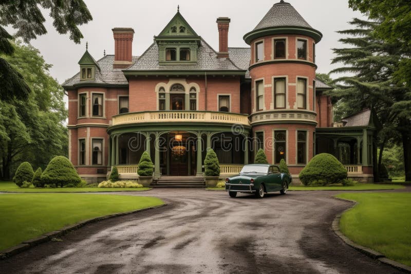 A Victorian Mansion with a Circular Driveway and a Vintage Car Stock ...