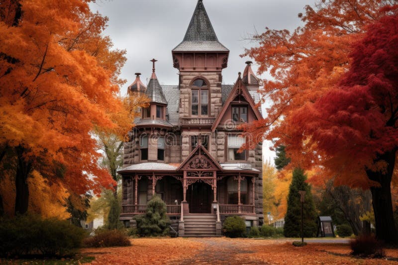 A Victorian Mansion with a Tall Tower, Surrounded by Autumn Foliage ...