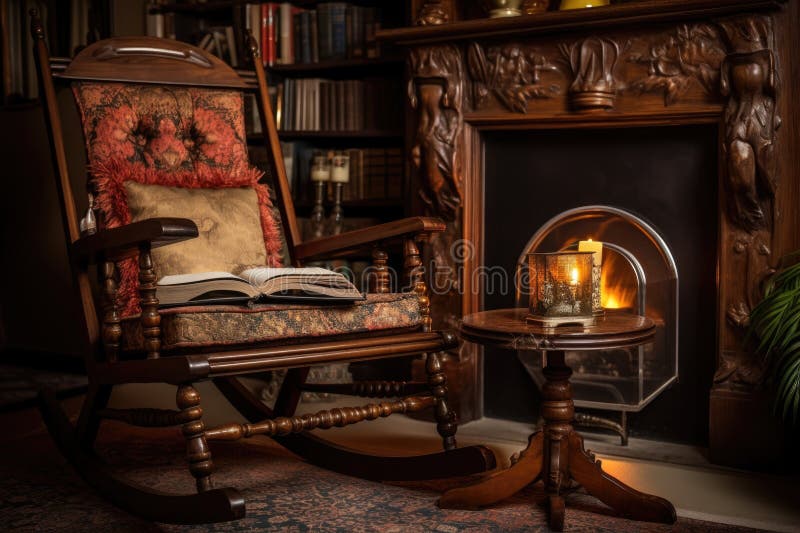 A Victorian Rocking Chair beside a Lit Fireplace with a Vintage Book on ...