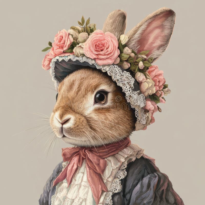 Victorian Style Rabbit Wearing Easter Bo with Floral Headpiece Stock ...