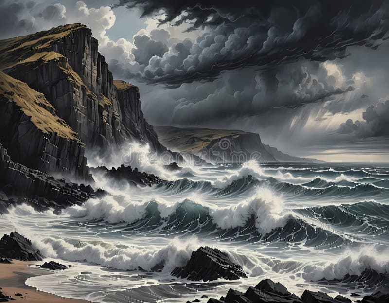 Victorian Style Tinted Engraving Illustration of a Dramatic Ocean Storm ...
