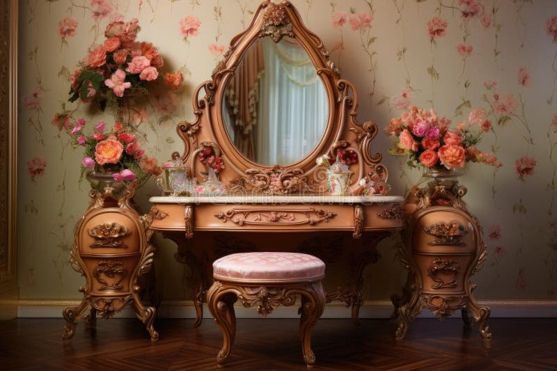A Victorian Style Vanity Table with a Mirror Stock Photo - Image of ...