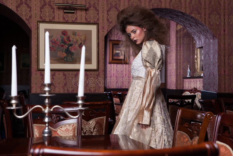 Victorian Stylized Fashion Model in Antique Interior. Stock Photo ...