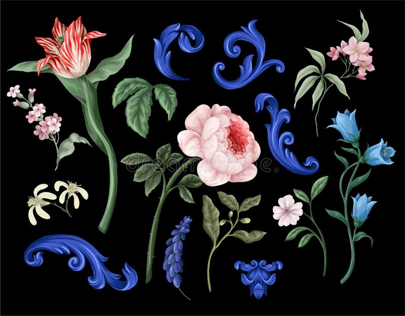 Victorian Vintage Flowers and Baroque Elements Isolated. Vector. Stock Vector - Illustration of ...