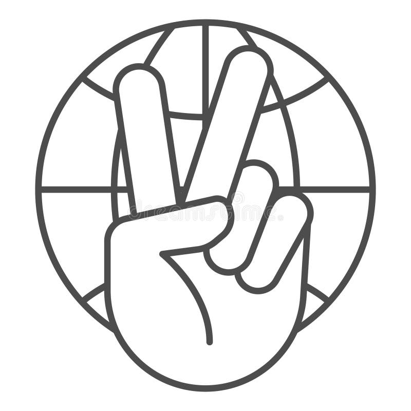 Victory Gesture Hand with Globe Thin Line Icon, Peace Concept. Vector ...