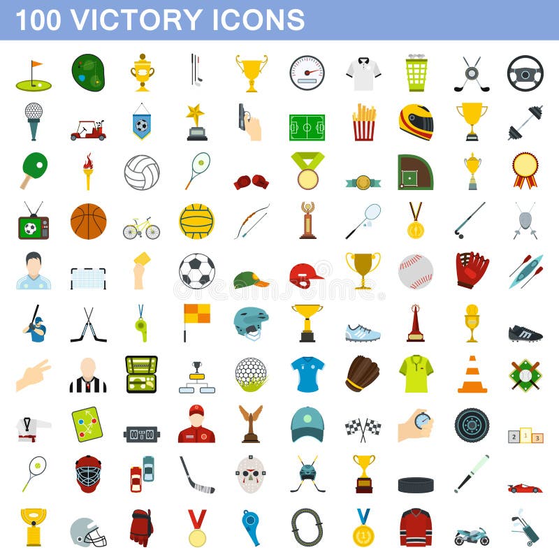 100 Victory Icons Set, Flat Style Stock Vector - Illustration of cone ...