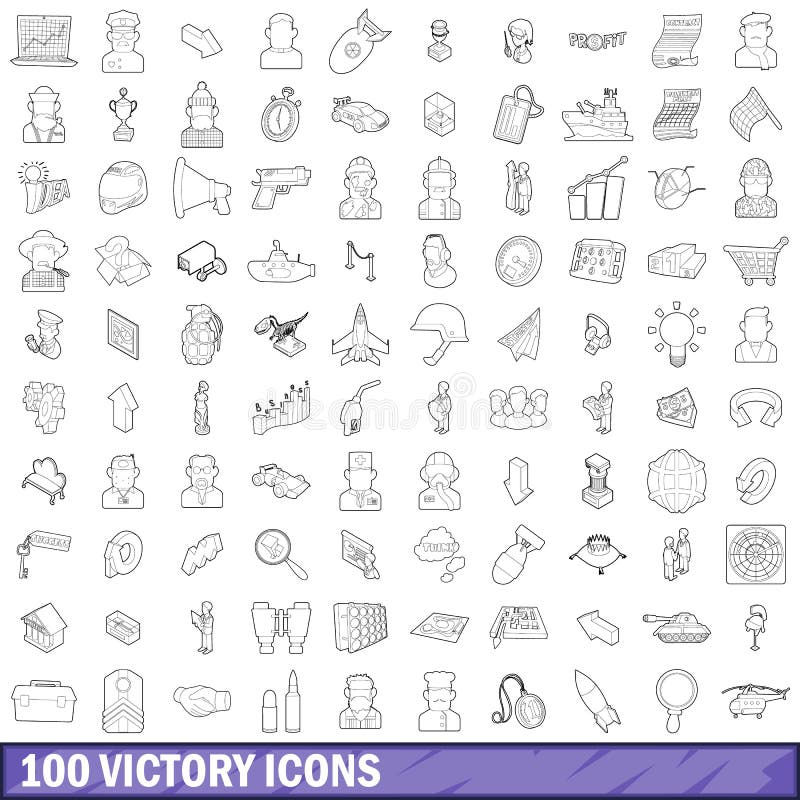 100 Victory Icons Set, Outline Style Stock Vector - Illustration of ...