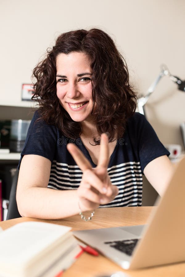 Victory sign gesture girl stock photo. Image of hair - 56732464