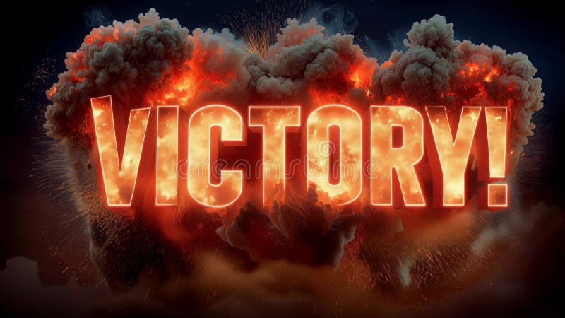 Victory Text Emerging from a Fiery Explosion with Smoke and Sparks ...
