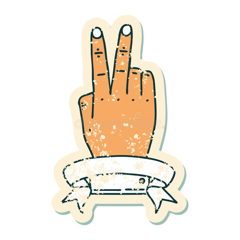 Victory V Hand Gesture with Banner Grunge Sticker Stock Vector ...