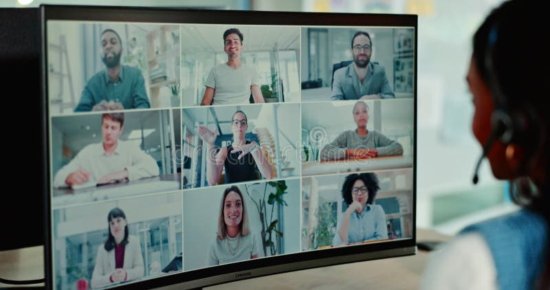 Video Call, Computer Screen and Woman in a Office with Online Teamwork ...