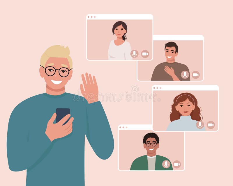 Video Call Conference on the Phone with Friends or Colleagues. Vector ...