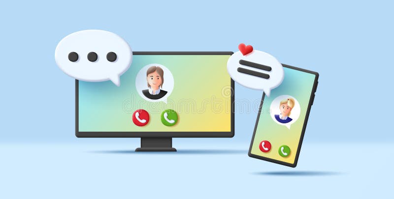 Video Call 3d Render Illustration with Computer Screen Interface and ...
