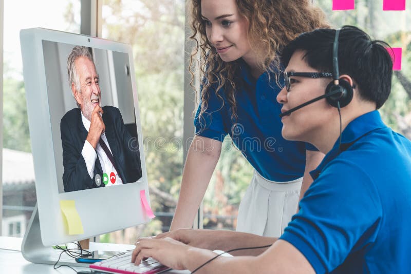 Video Call Group Business People Meeting on Virtual Workplace or Remote ...