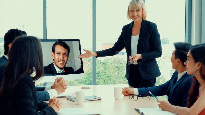 Video Call Group Business People Meeting on Virtual Workplace or Remote ...