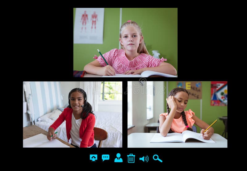 Video Call Interface with Schoolchildren on Screen Stock Image - Image ...
