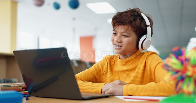 Video Call, Library and Boy on Laptop for Online Class, Remote ...
