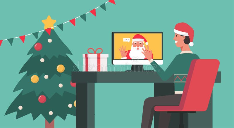Man Connecting Online and Video Calling To Santa Claus on a Computer ...