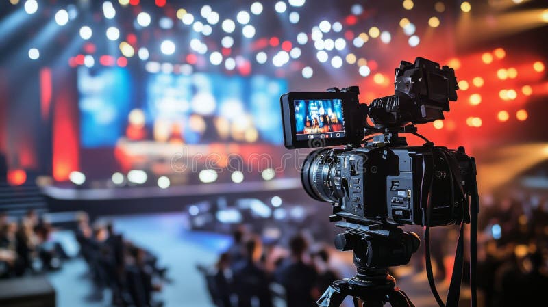 Video Camera Close-up in a Television Studio with Blurred Lights and a ...