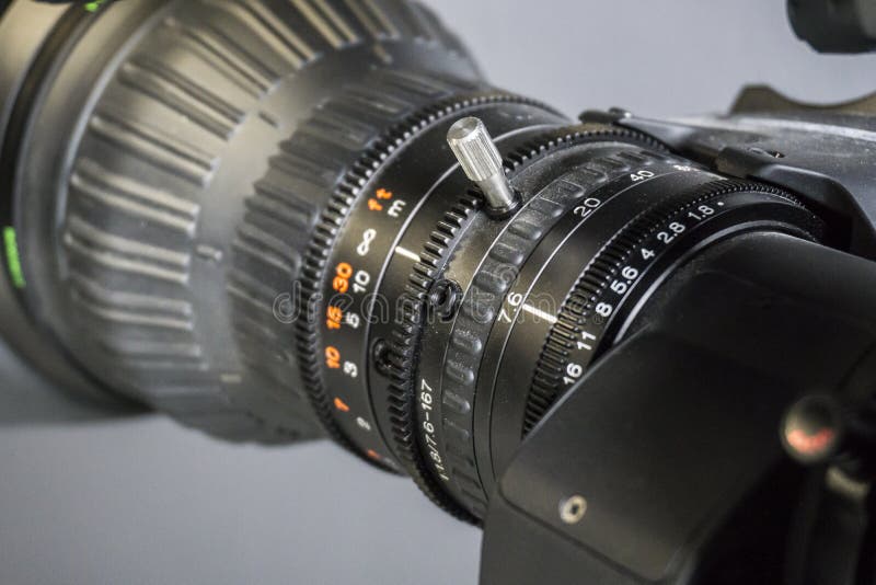 Video Camera Lens in TV Studio - Focus on Camera Aperture Stock Image ...
