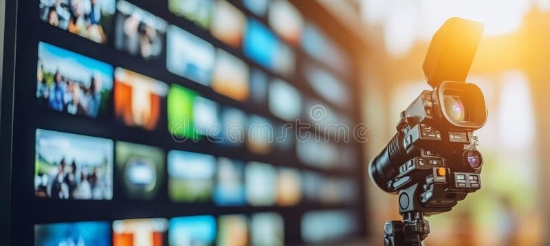 Video Camera Recording Content with Blurred Television Channel Wall ...