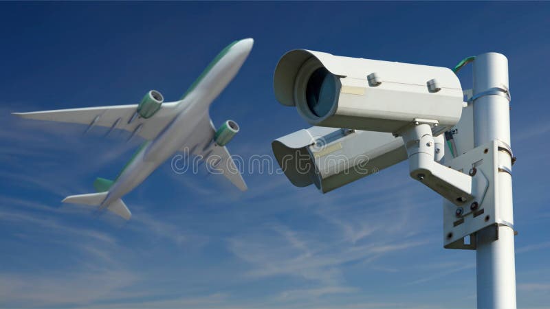 Video Cameras at the Airport with Plane Taking Off Stock Photo - Image ...