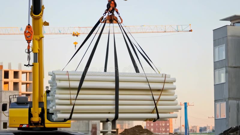Construction Crane Lifting Bundle of White Pipes at Building Site with ...