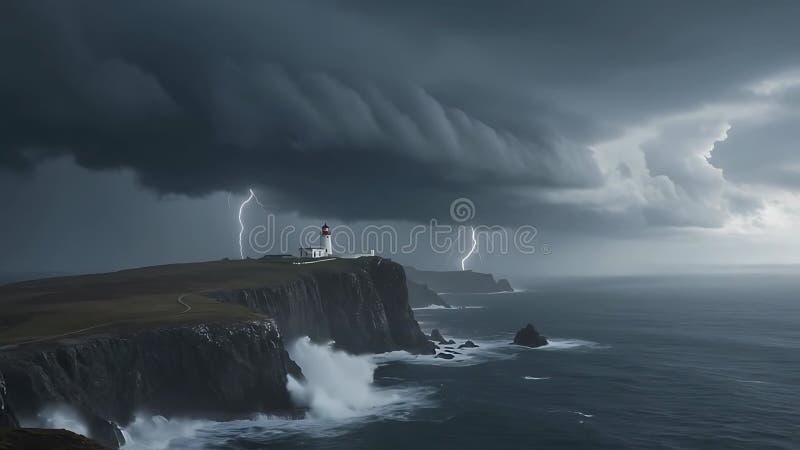 Lighthouse on a Cliff during a Dramatic Storm Stock Footage - Video of ...
