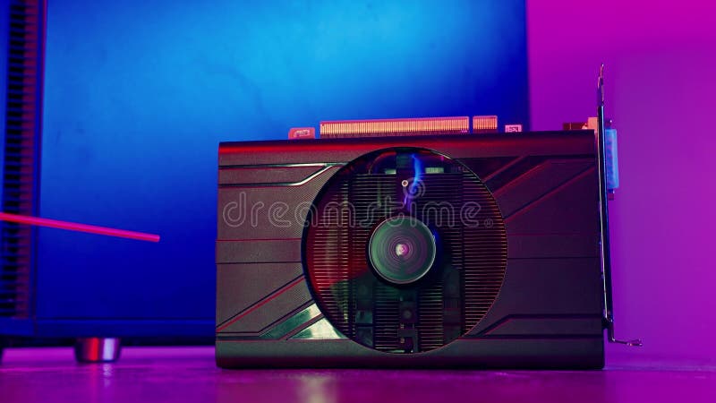 Video Card with Fan Close Up. Technician Using Compressed Air Spray ...