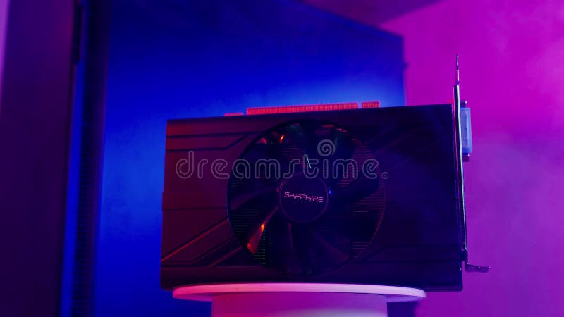 Video Card with Fan Close Up. Technician Using Compressed Air Spray ...