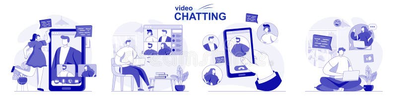 Video Chatting Isolated Set in Flat Design. People Chat with Friends ...