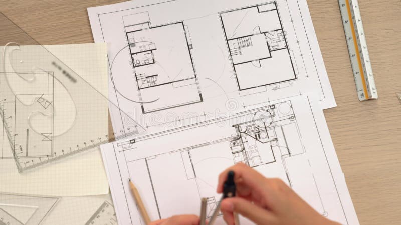 Close Up of Architect Use Divider Hand Writing Detail of Blueprint ...