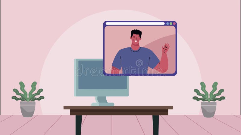Video Conference Animation with Man in Desktop Stock Footage - Video of ...