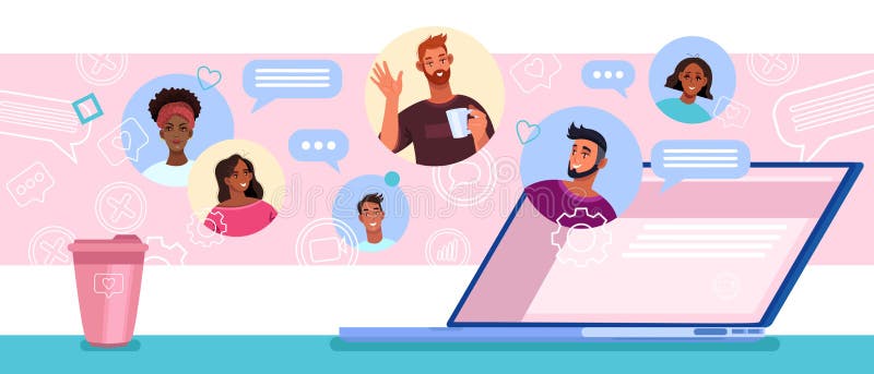 Video Conference and Group Chat Vector Illustration with Diverse ...