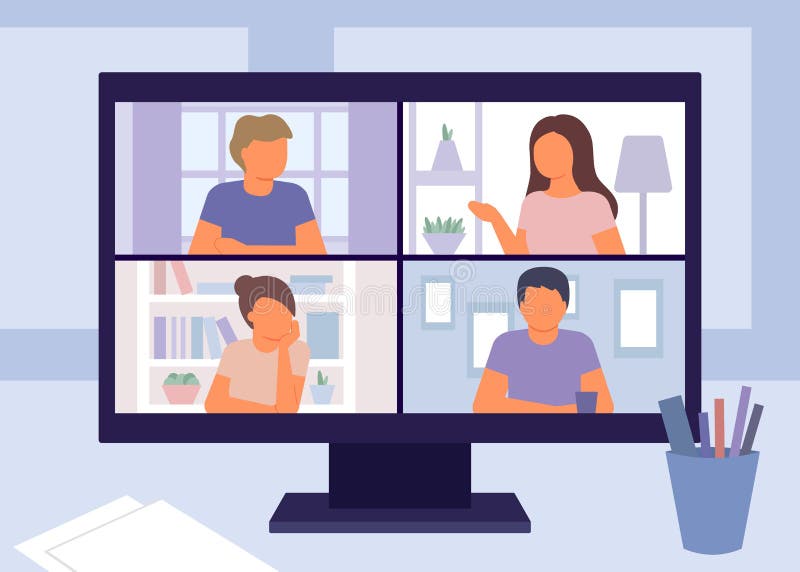 Video Conference. Group People on Computer Screen Talking with ...