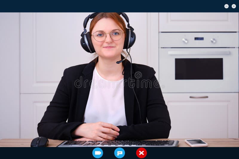 Video Conference from Home for Remote Work, Program Window. a Woman in ...
