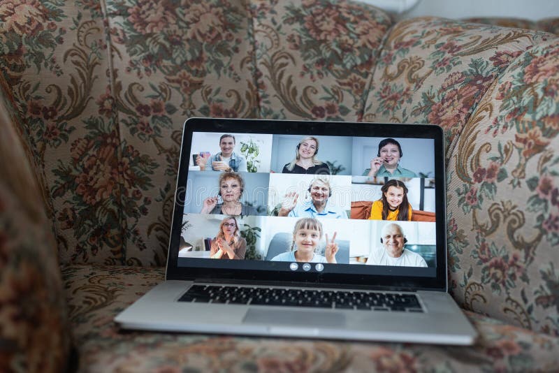 Video Conferencing Call Waving Hello with Hand Stock Photo - Image of ...