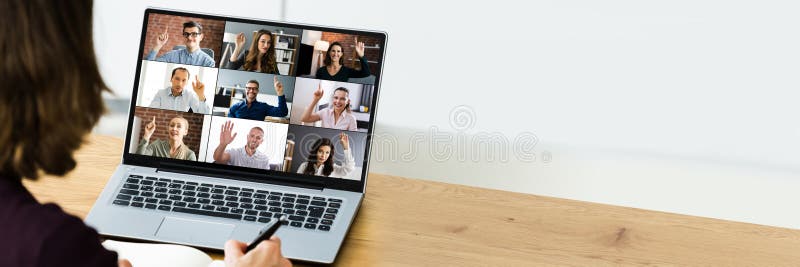 Video Conferencing Call Waving Hello Stock Photo - Image of discussion ...