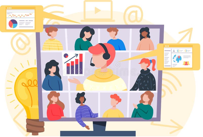 Video Conferencing on Large Computer Screen, Teamwork. Business Meetup ...