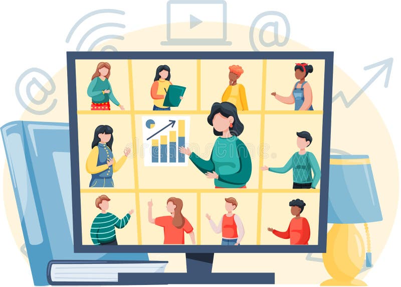 Video Conferencing on Large Computer Screen, Teamwork. Business Meetup ...