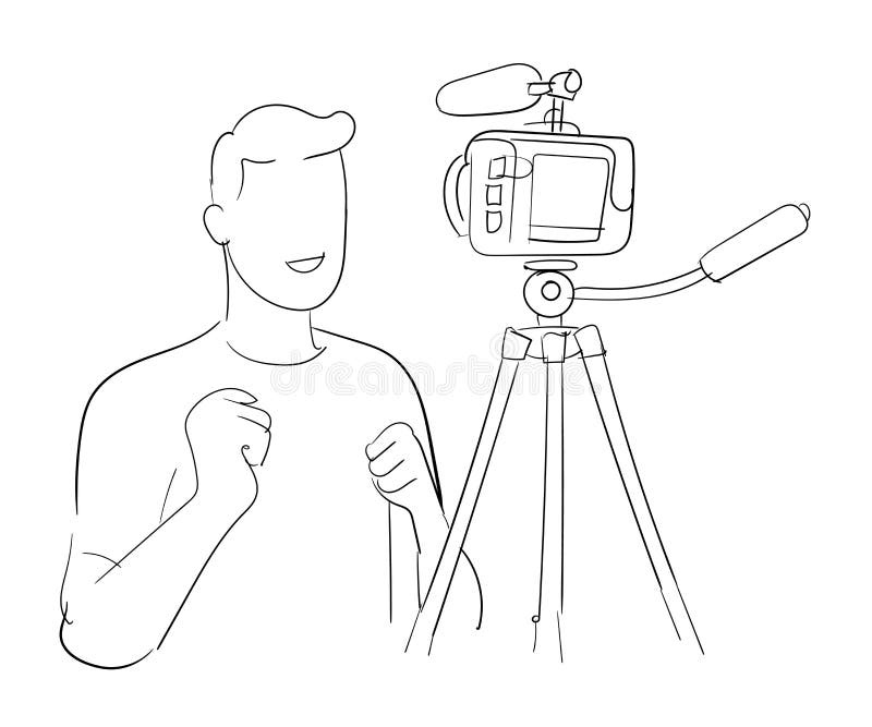 Video Content Creator Man Recording Program Front Camera Sketches Hand ...
