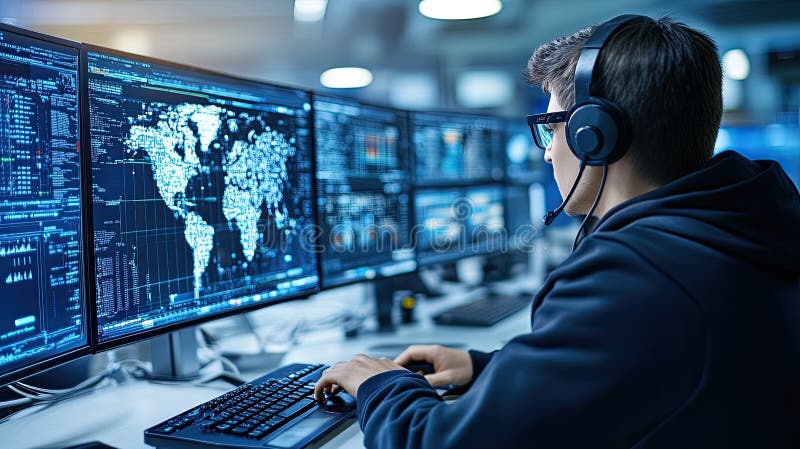 Expert Video Editor Focuses on Multiple Monitors while Enhancing ...