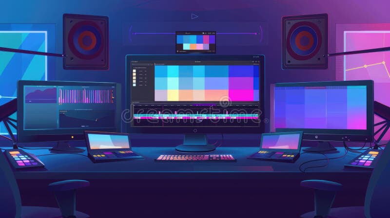 Video Editing. Multiple Screens in a Workshop Display the Video Editing ...