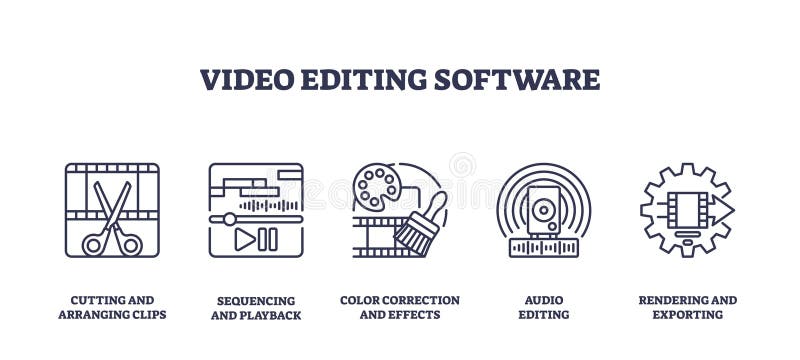 Video Editing Software Icons Include Scissors, Timeline, and Gear ...