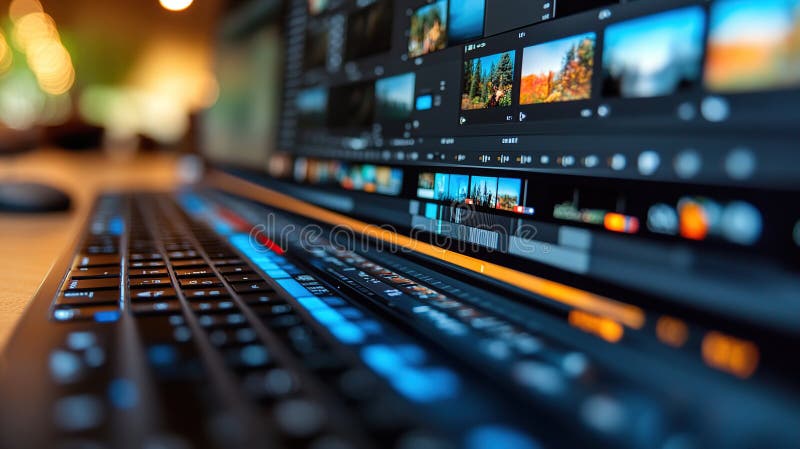 Video Editing Software on Laptop, Office Background Stock Illustration ...