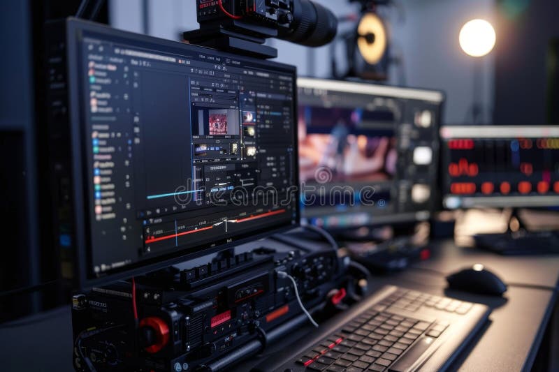 A Video Editing Studio Equipped with Multiple Monitors and a Keyboard ...